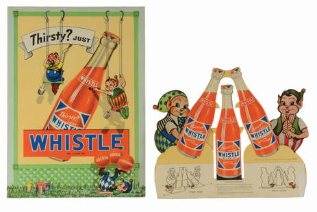 'whistle' Soda Bottle & (2) Cardboard Advertising