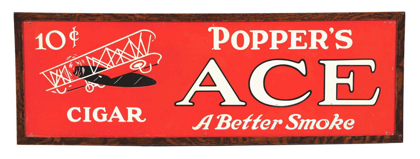 Embossed Tin Sign For Popper's Ace Cigars.