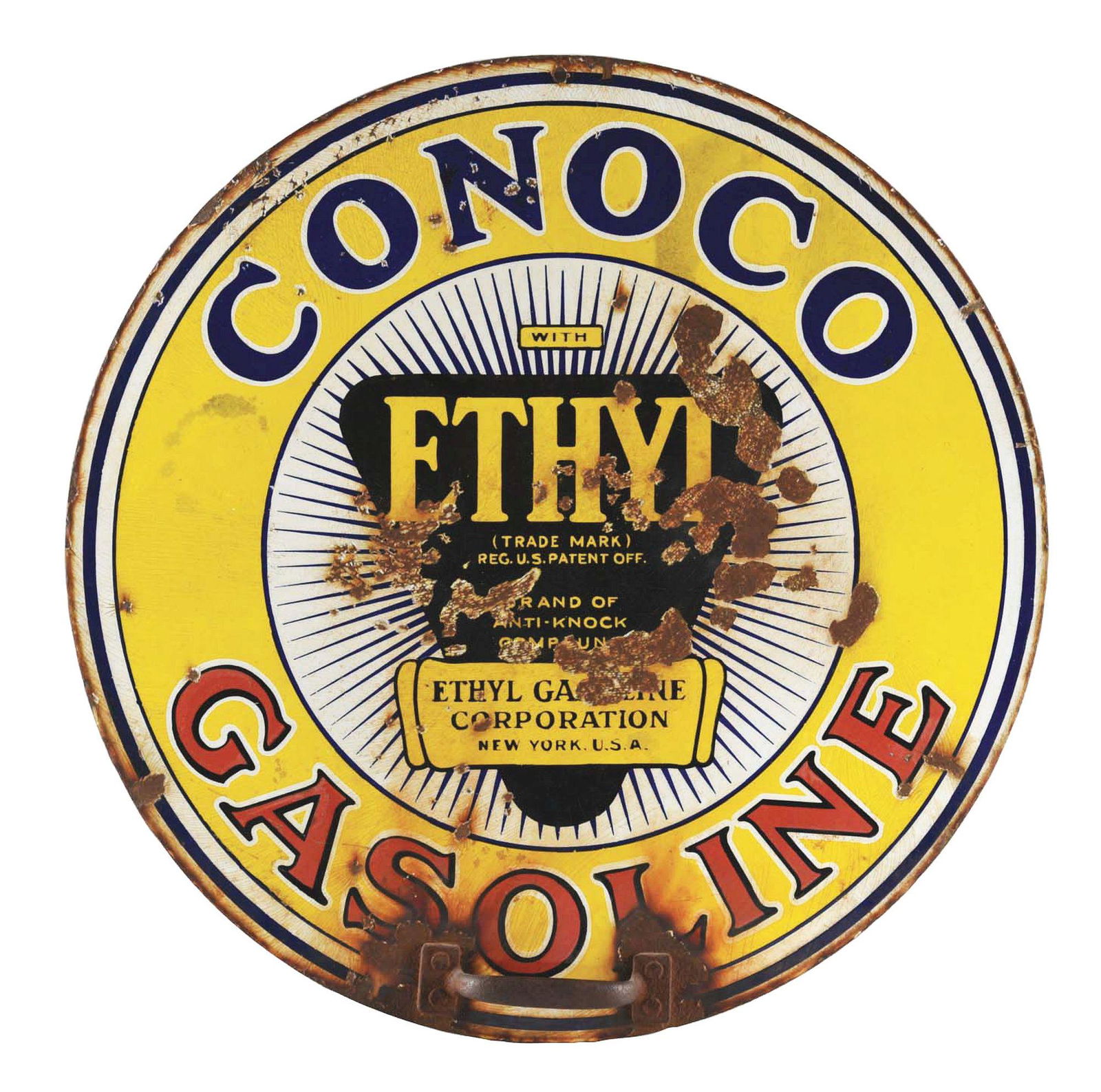 Rare Conoco Ethyl Gasoline Porcelain Curb Sign.