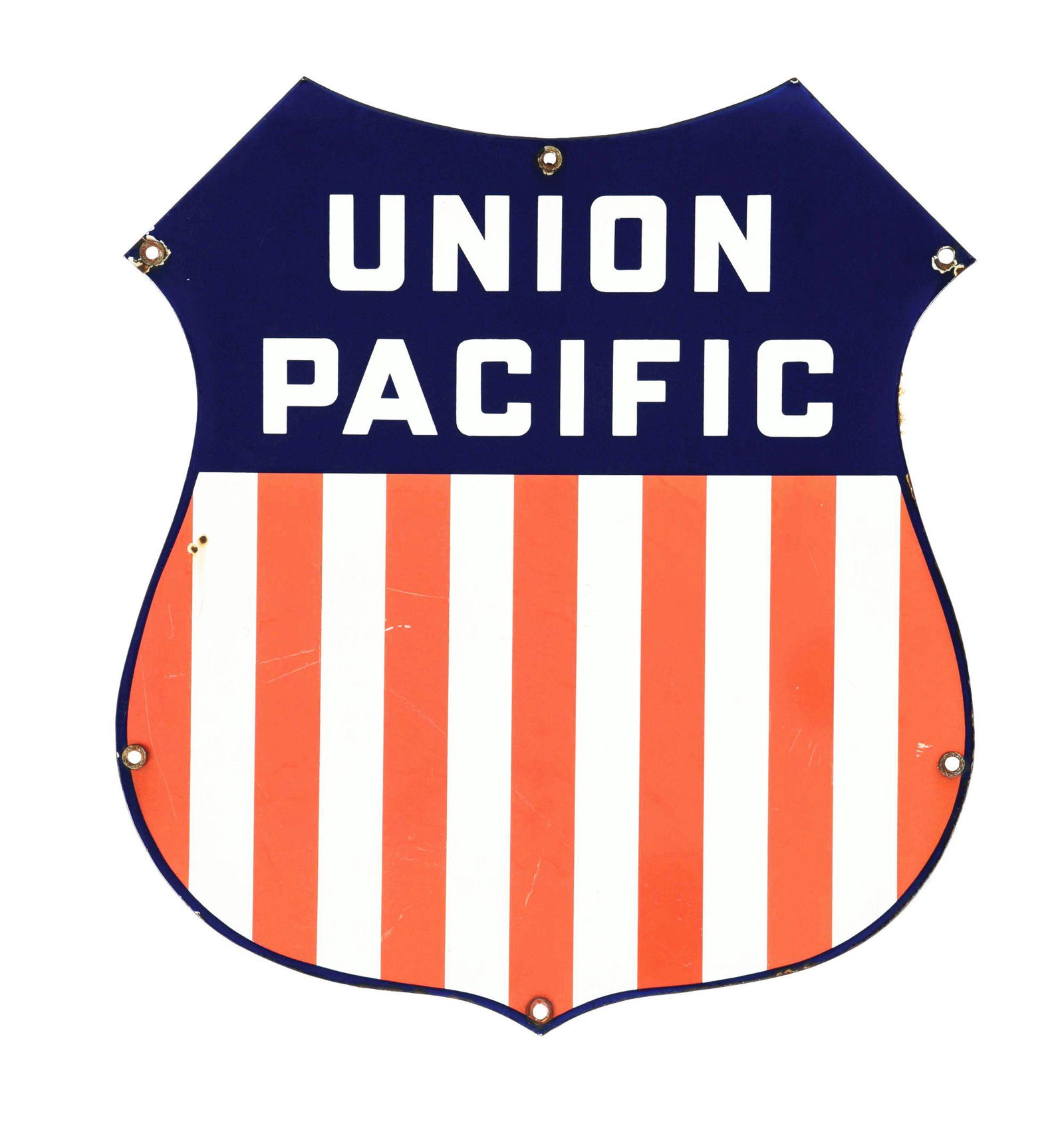 Union Pacific Die Cut Porcelain Shield Sign.