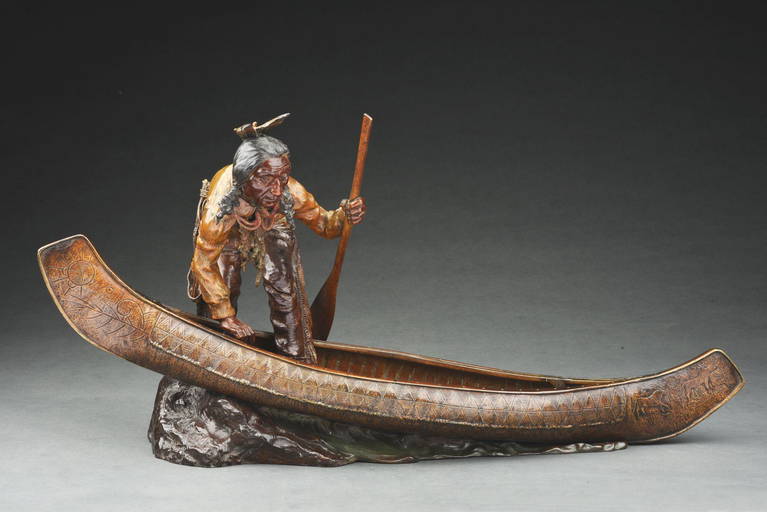 Native American Indian Stepping Into A Canoe Bronze