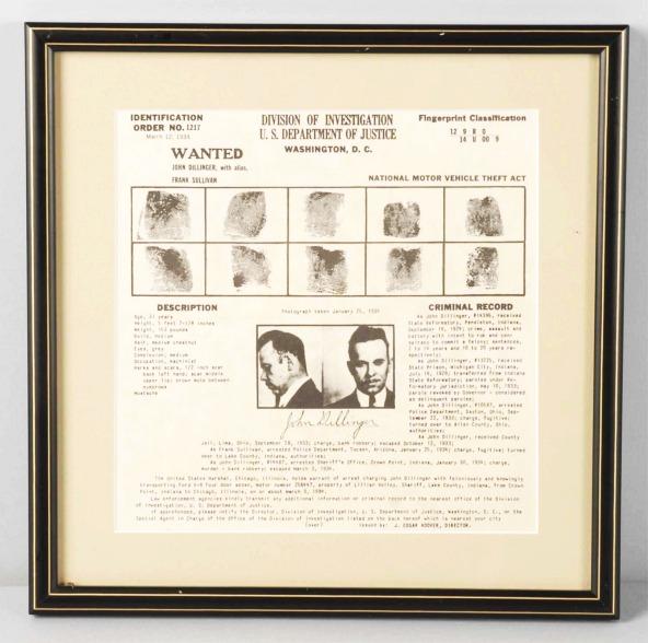 33: John Dillinger Fingerprint/Criminal Record Copy.