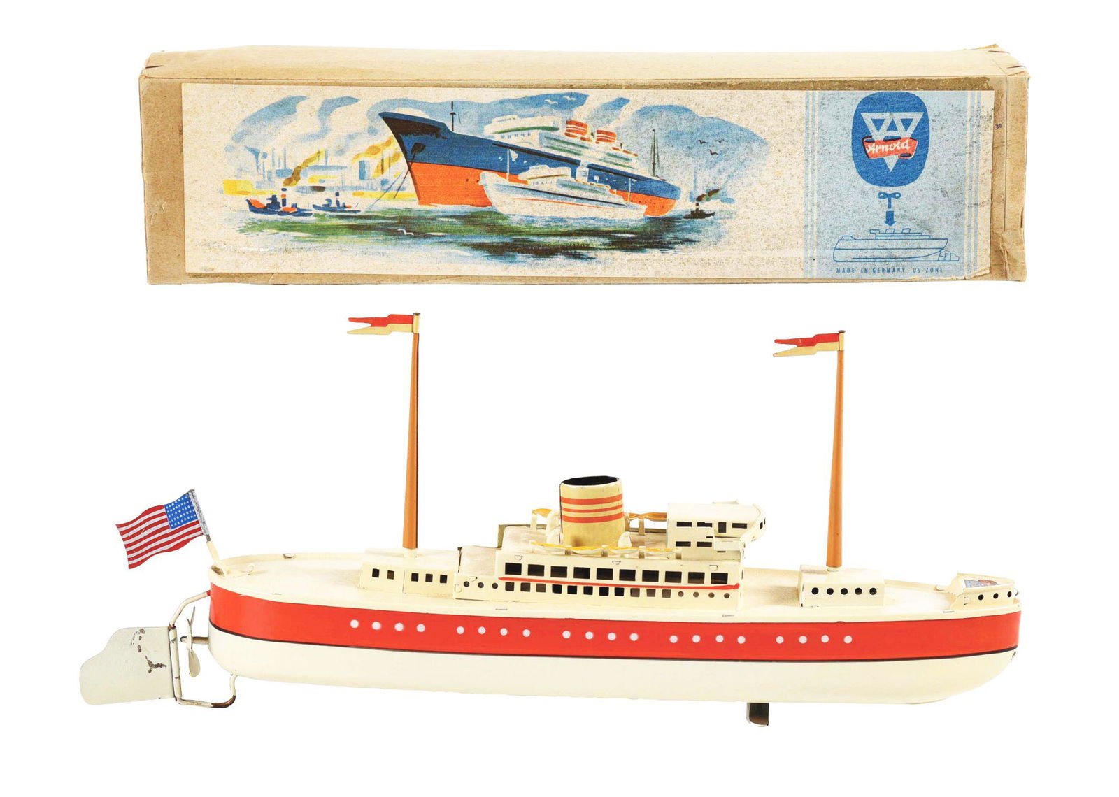 German Arnold Tin Wind Up Ocean Liner Boat Toy.
