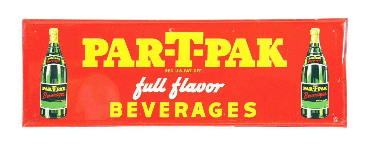 Par T Pak Full Flavor Beverages Embossed Tin Sign W/ Bottle Graphics.