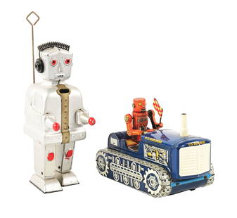 Lot Of 2: Japanese Tin Litho Crank Friction Robot & Astronaut Toys.