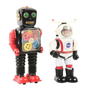 Lot Of 2: Japanese Tin Litho Crank Friction Robot & Astronaut Toys.