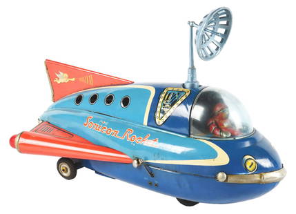 Japanese Battery Operated Tin Litho Yonezawa Robot Driving Vehicle Toy.