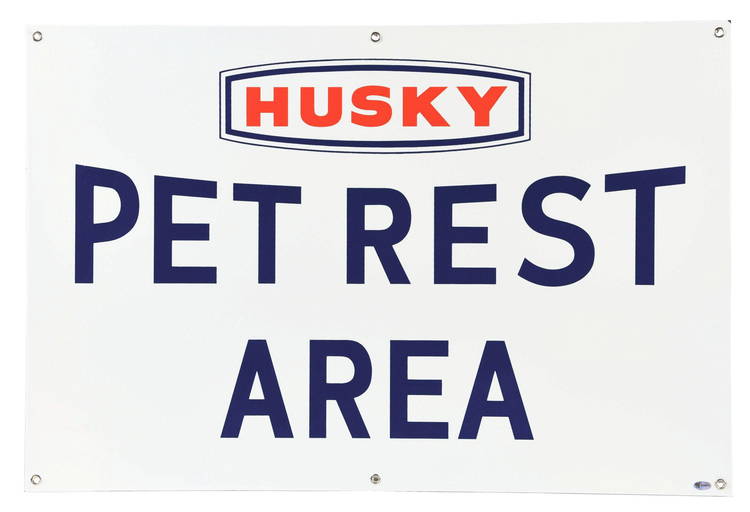Rare & Outstanding Husky Service Station Pet Rest Area Porcelain Sign.