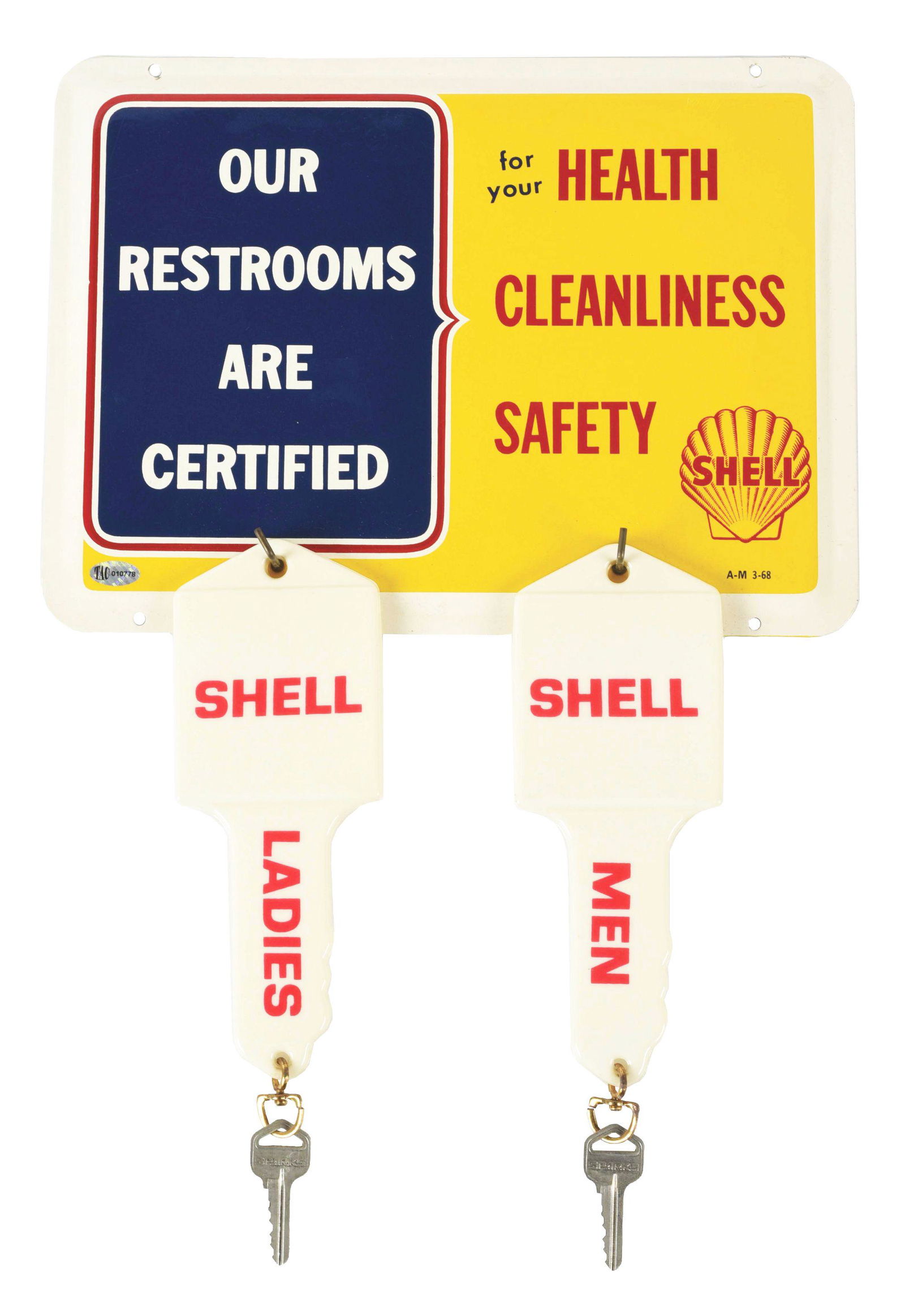 New Old Stock Shell Service Station Restroom Sign W/ Original Keys.