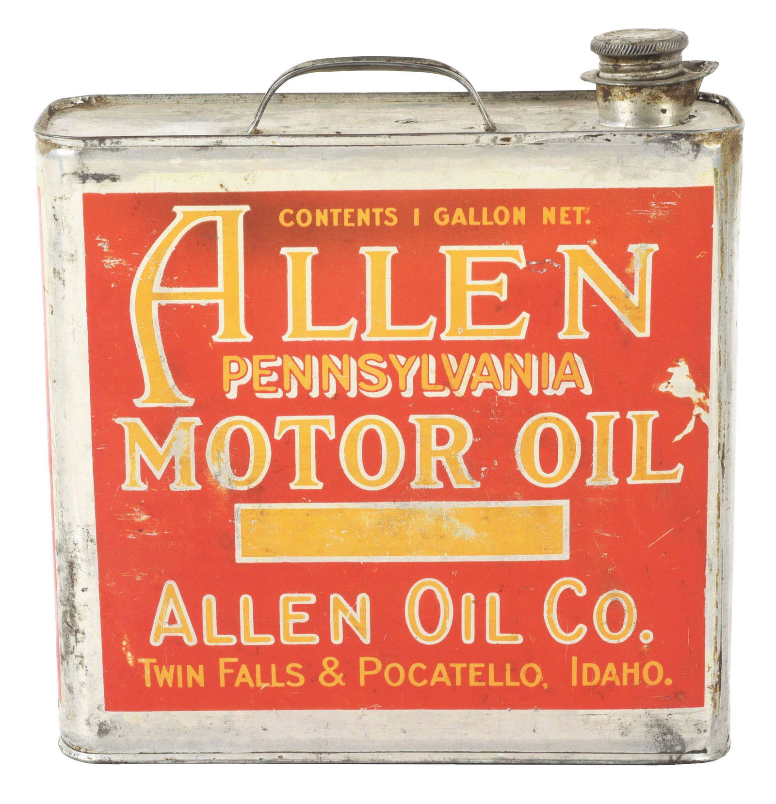 Rare Allen Oil Company One Gallon Flat Motor Oil Can W/ Spout & Handle.