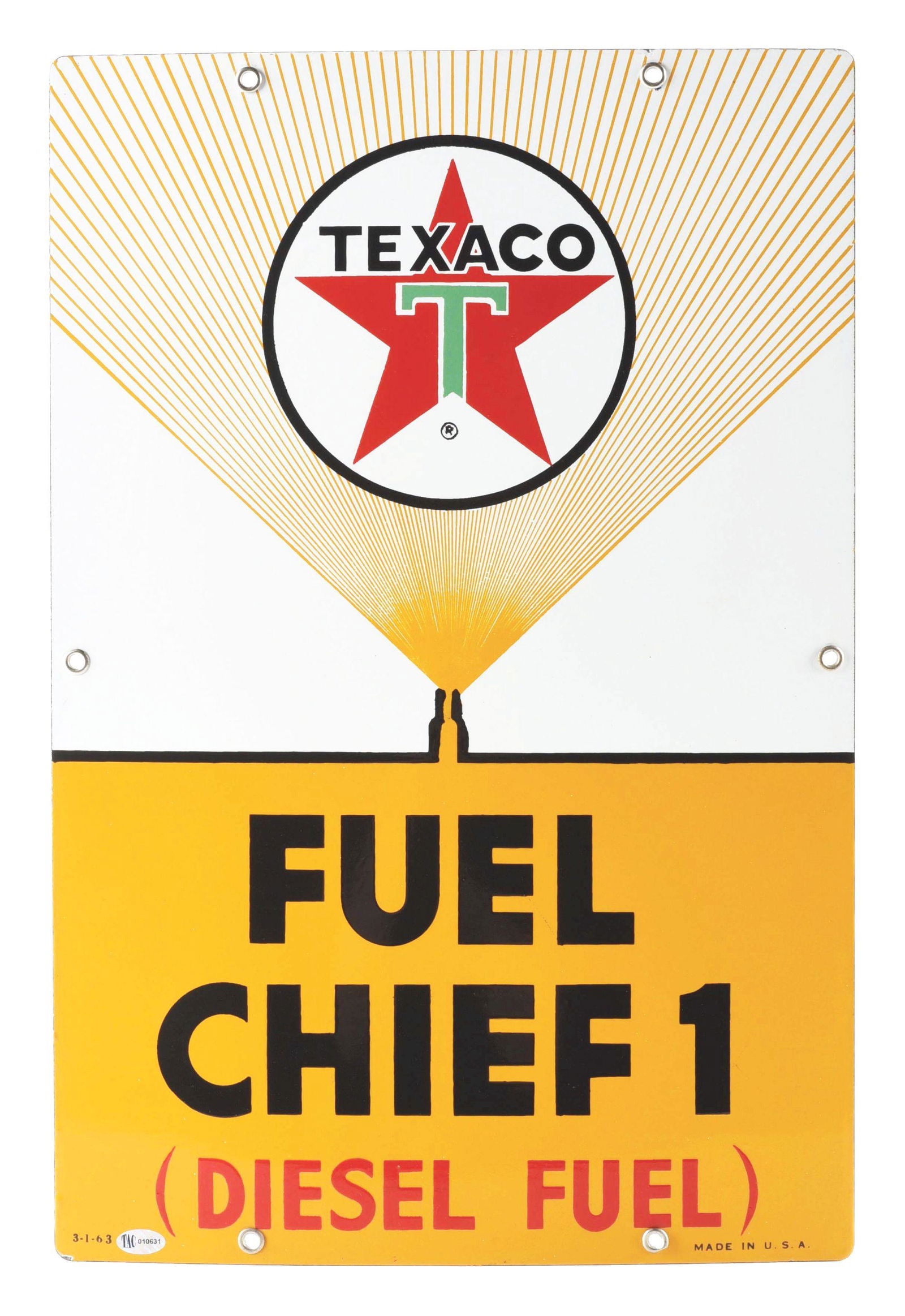 RARE TEXACO FUEL CHIEF DIESEL FUEL PORCELAIN PUMP PLATE SIGN W/ SPRAY ...