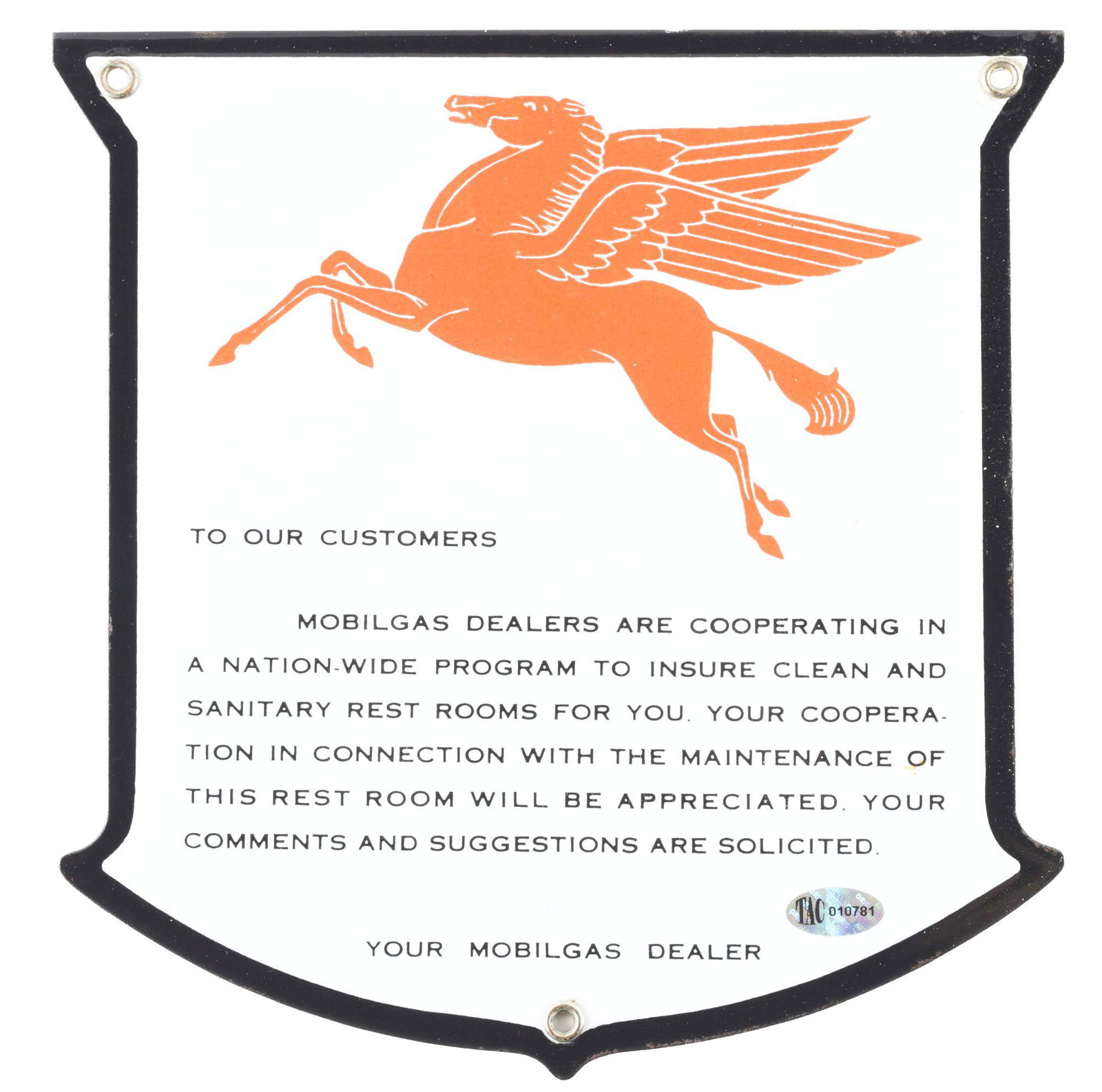 Mobil Service Station Rest Room Pledge Porcelain Shield Sign W/ Pegasus ...