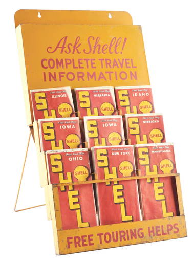 Shell Gasoline Tin Service Station Map Display W/ Various Shell Maps.