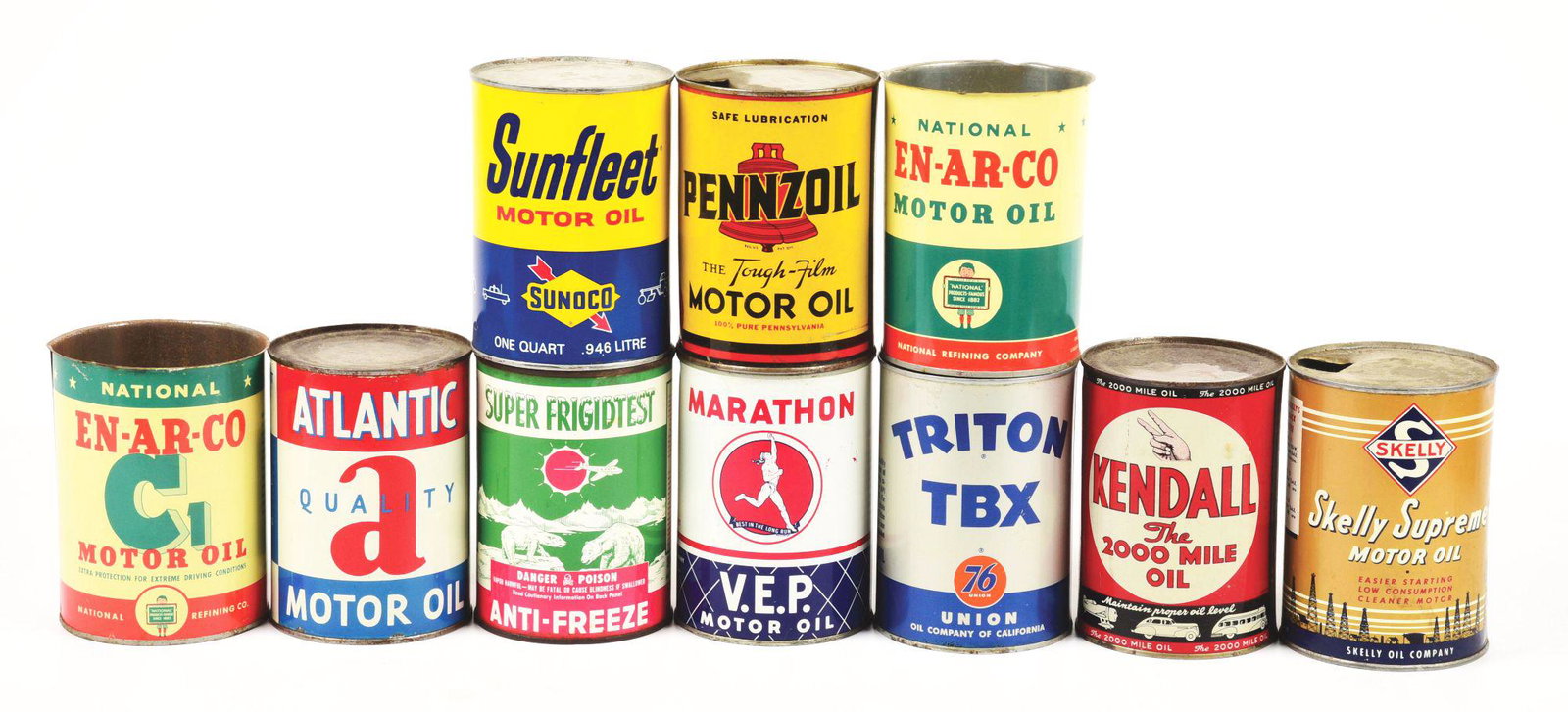 Collection Of Ten: Various One Quart Motor Oil Cans.