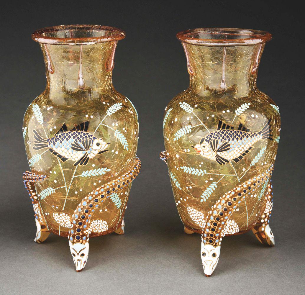 PAIR OF MOSER CRACKLED GLASS SERPENT VASES WITH ENAMELED FISH. (#1482 ...