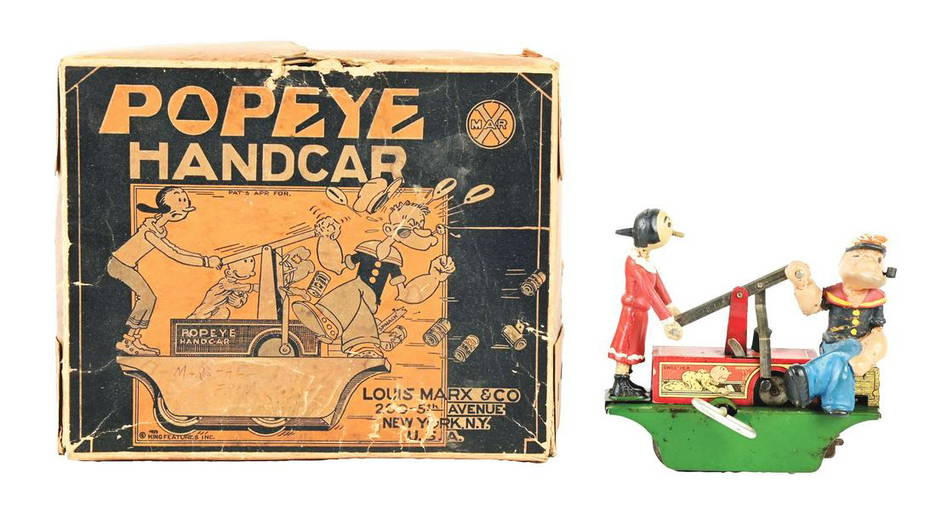 Marx Tin Litho And Rubber Wind Up Popeye Handcar Toy.