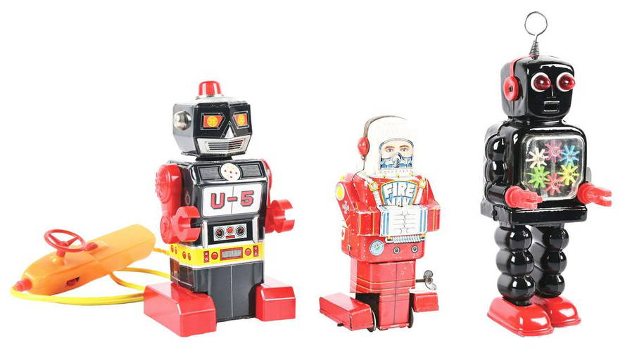 LOT OF 3: VARIOUS TIN LITHO WIND-UP AND BATTERY-OPERATED JAPANESE ROBOT AND ASTRONAUT TOYS ...