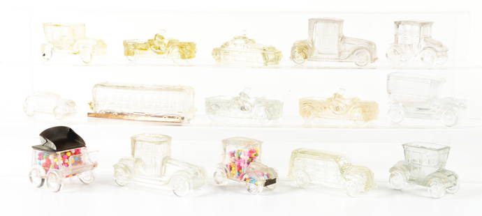 12 Antique Car Glass Candy Containers