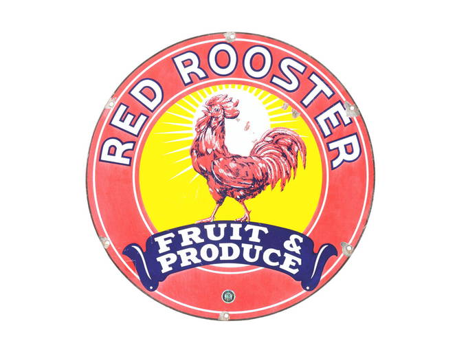 Red Rooster Fruit & Produce Porcelain Sign W/ Rooster Graphic.