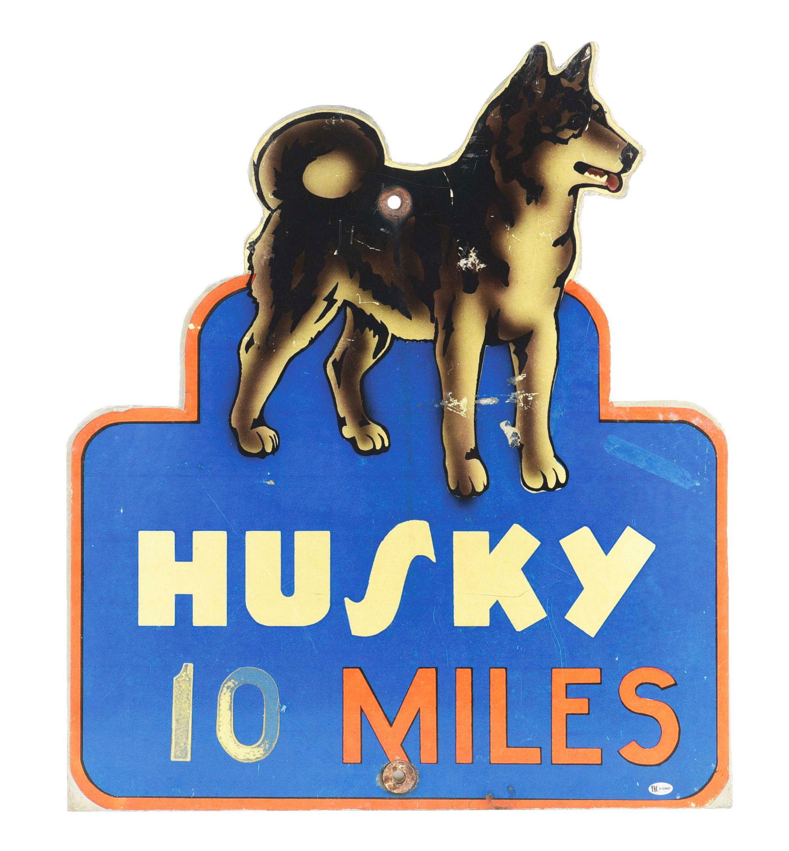 Husky Gasoline 10 Miles Ahead Highway Sign W/ Husky Dog Graphic.