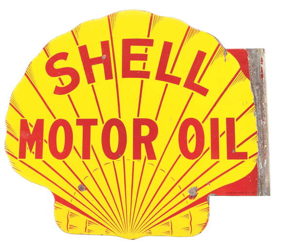 Rare Shell Motor Oil Porcelain Service Station Flange Sign.