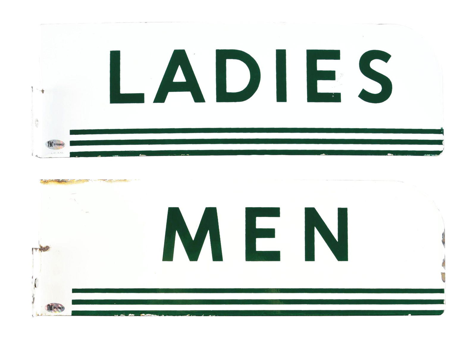 Texaco Service Station Men & Ladies Porcelain Restroom Flange Signs.