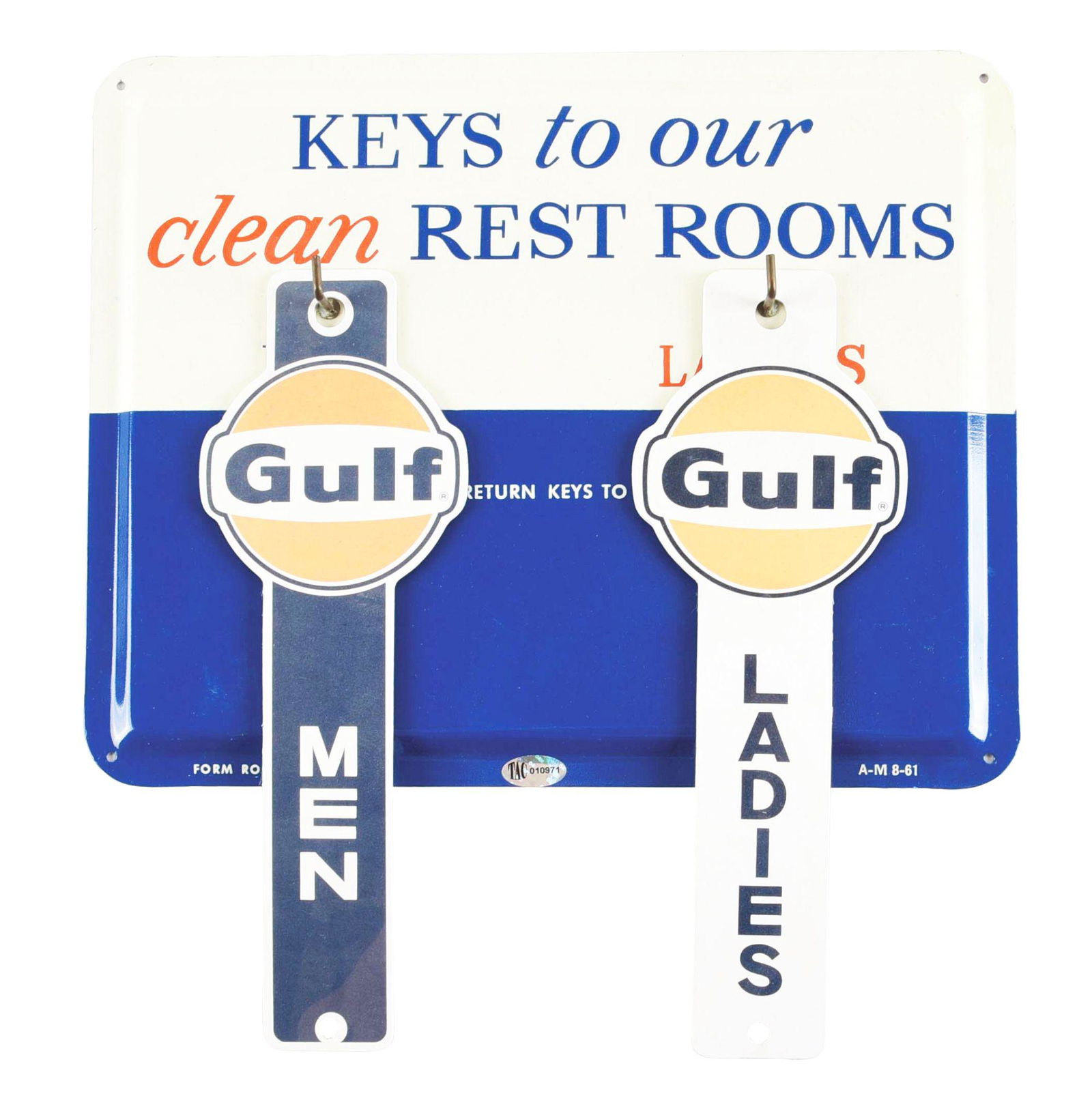 GULF SERVICE STATION "KEYS TO OUR CLEAN REST ROOMS" TIN SIGN W/ MEN ...