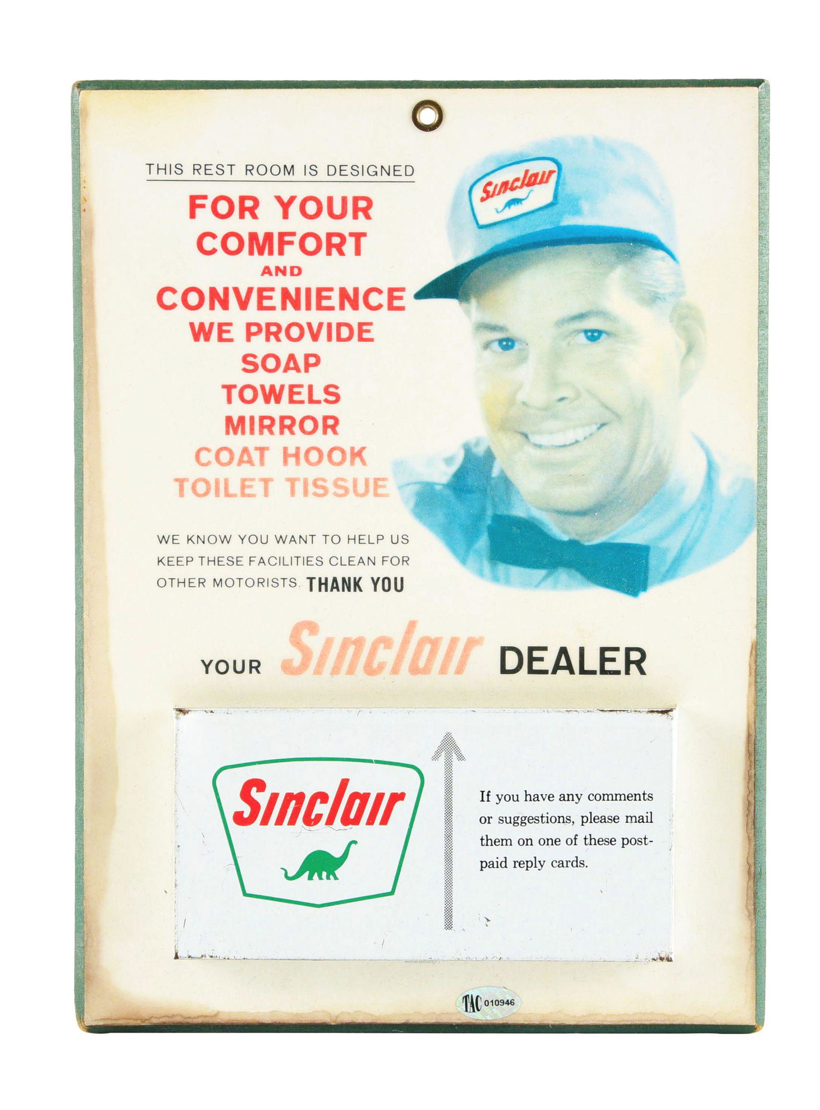 RARE SINCLAIR REST ROOMS TIN & CELLULOID SUGGESTIONS SIGN. - Mar 21 ...