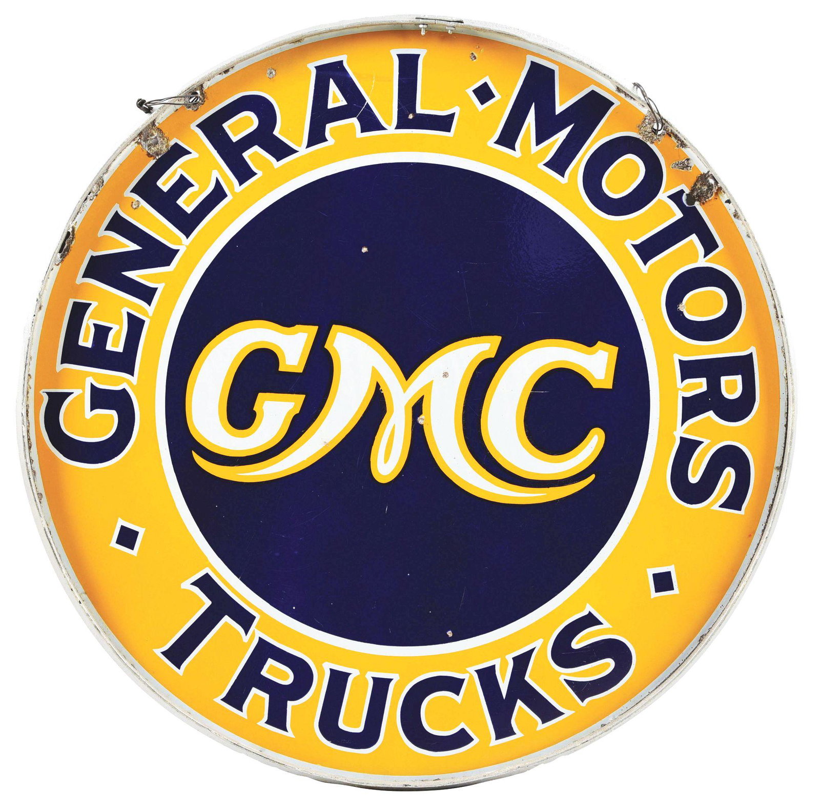 GMC GENERAL MOTORS TRUCKS PORCELAIN SIGN W/ IRON RING ATTACHMENT. - Mar ...