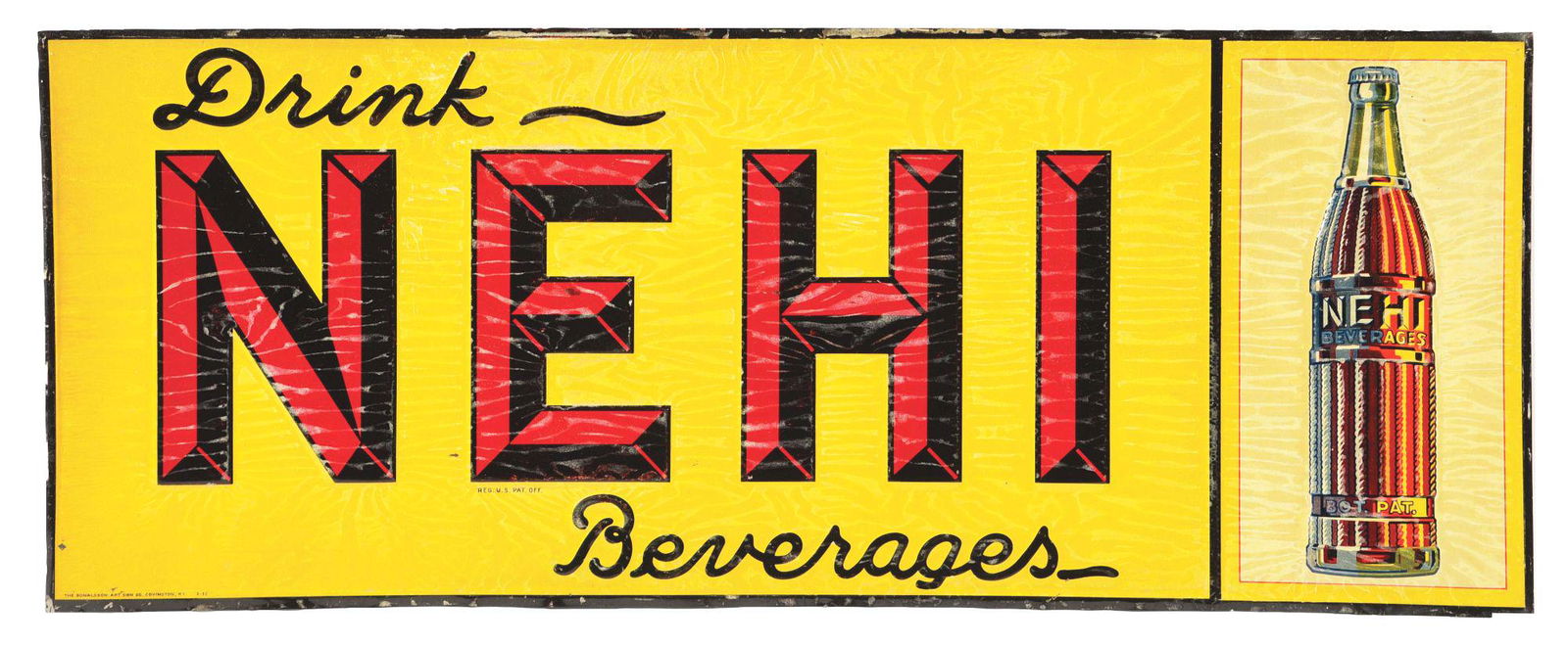 Drink Nehi Beverages Embossed Tin Sign W/ Bottle Graphic.