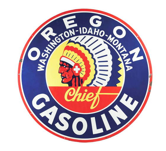 OUTSTANDING OREGON CHIEF GASOLINE PORCELAIN SERVICE STATION SIGN W ...