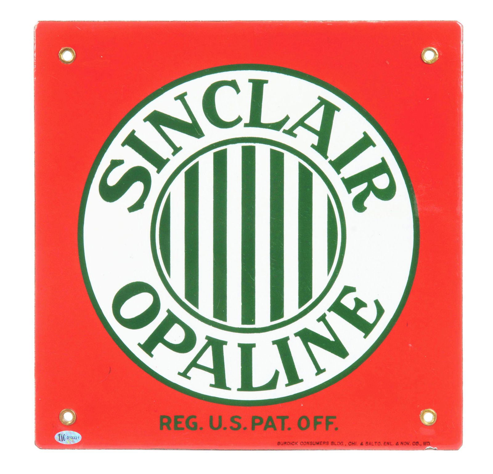 SINCLAIR OPALINE MOTOR OILS PORCELAIN OIL CART SIGN W/ BAR GRAPHIC ...