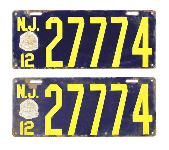 SET OF 2: 1912 PORCELAIN NEW JERSEY FIVE DIGIT LICENSE PLATES. (#2525 ...