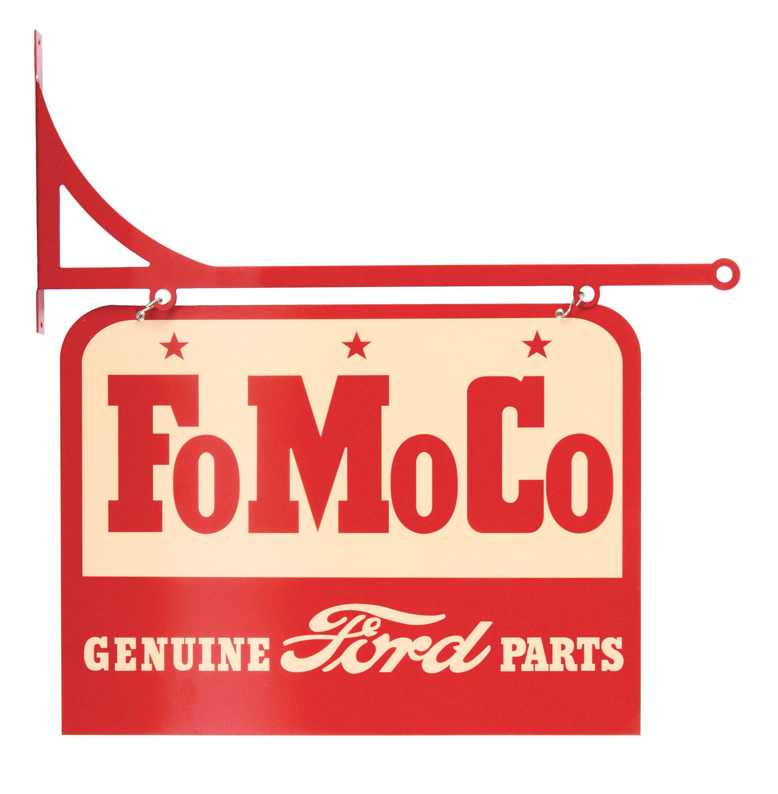 Reproduction Fomoco Genuine Ford Parts Tin Sign W/ Display Bracket.