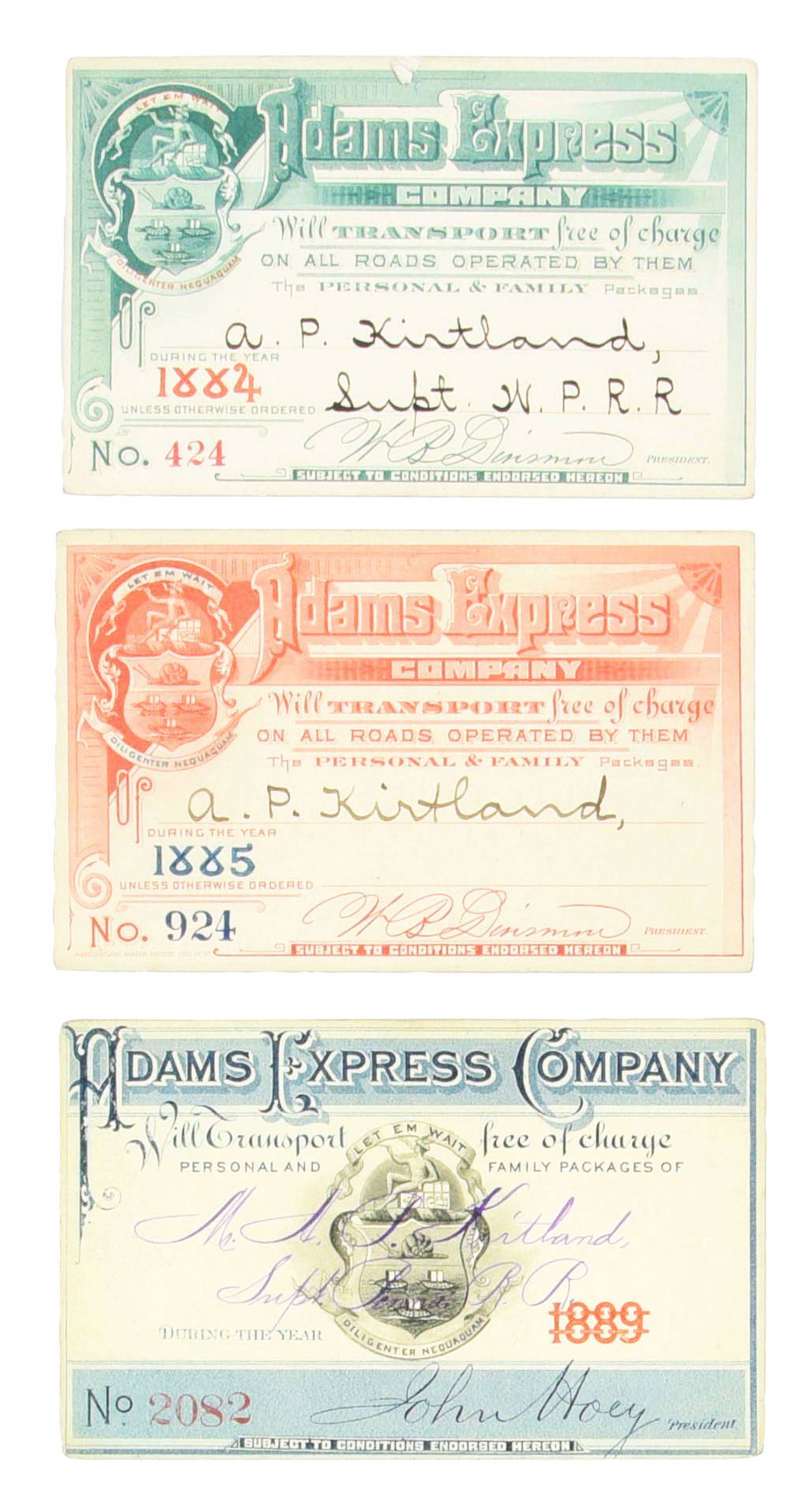 LOT OF 3: ADAMS EXPRESS CO. PACKAGE GOODS TRASNPORT PASSES. (#3398) on ...