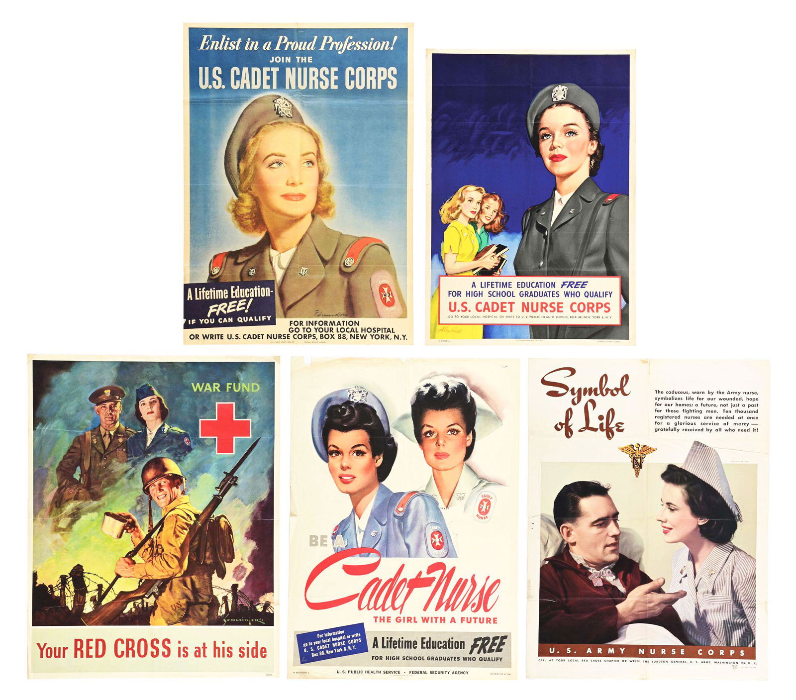 Lot Of 5: Us Wwii Cadet Nurse Corps, Wac, And Red Cross Posters.