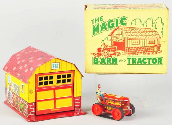 Tin Litho Marx Barn & Tractor Set Toy.