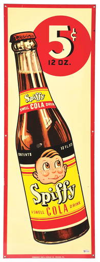 Spiffy Swell Cola Embossed Tin Sign W/ Bottle Graphic & 5cent Logo.