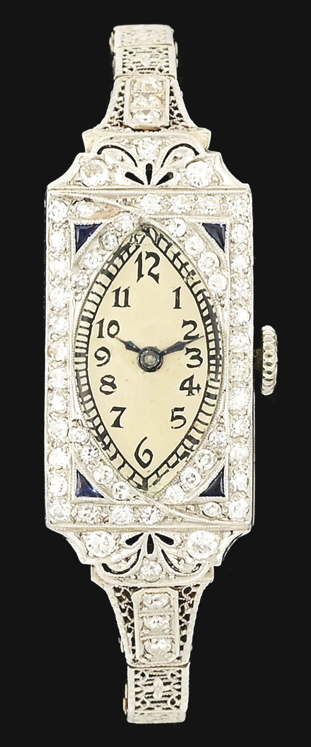 Ladies' Platinum Art Deco J. Lafond Wrist Watch W/ Diamonds & Sapphires ...