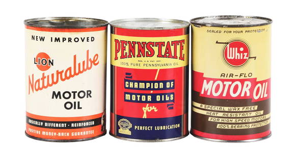 Collection Of 3: Whiz, Pennstate & Lion Naturalube One Quart Cans.