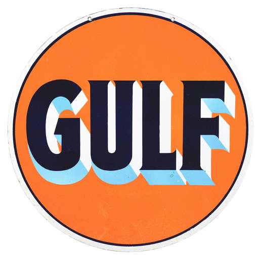Gulf Gasoline Porcelain Service Station Sign W/ Shadowed Lettering.