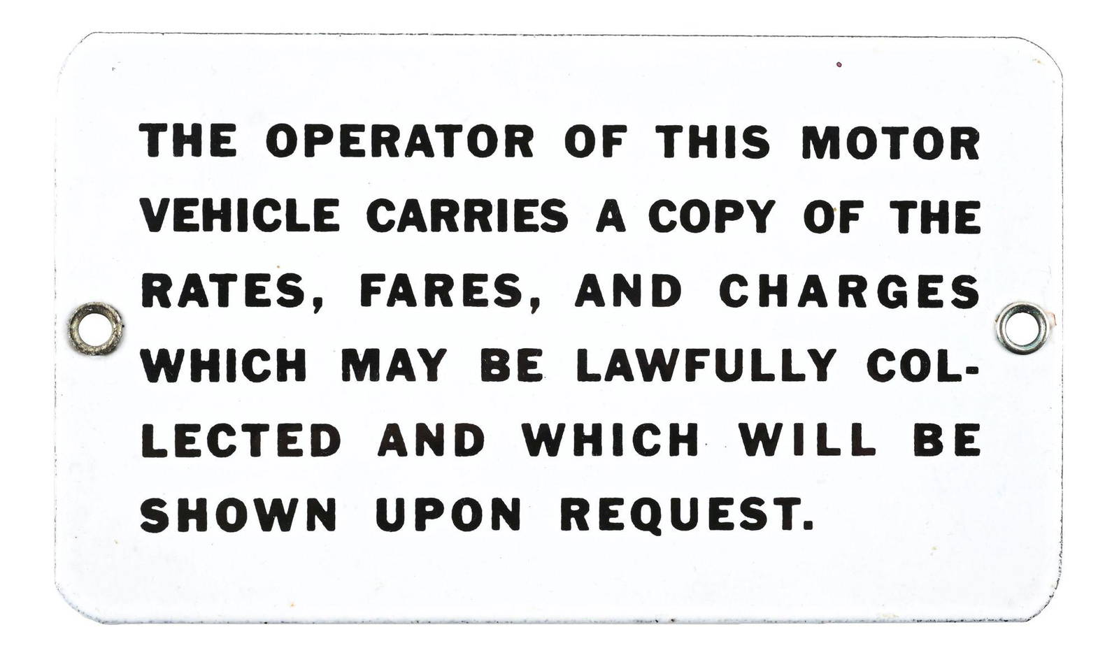 New Old Stock Porcelain Bus Rates & Fares Porcelain Sign. Auction