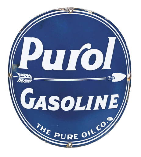 Purol Gasoline Curved Porcelain Sign W/ Arrow Graphic.