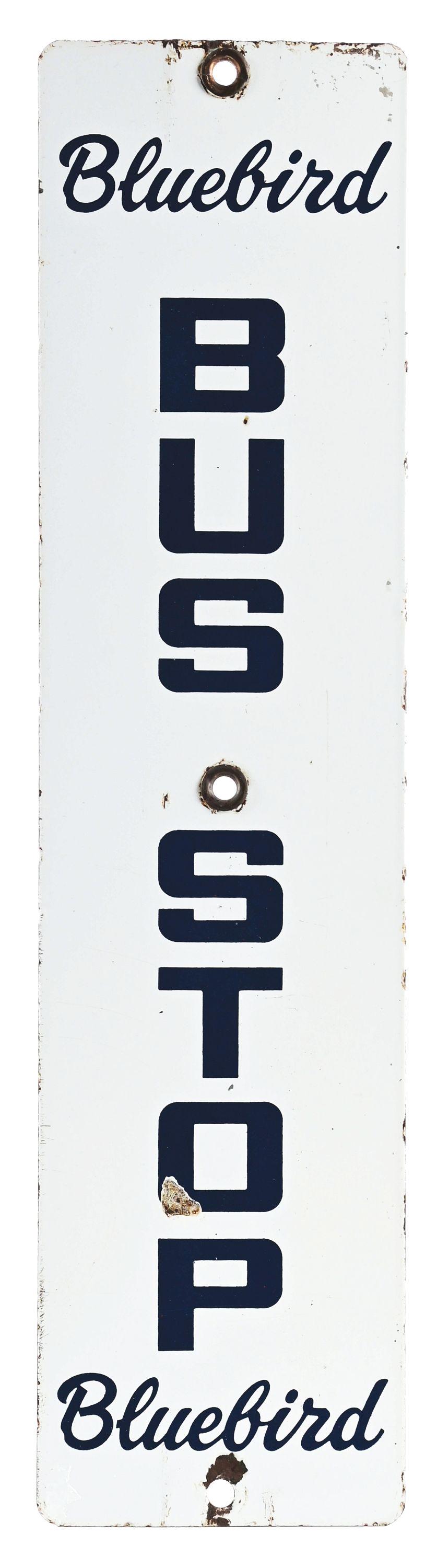 Bluebird Bus Stop Porcelain Sign. Auction