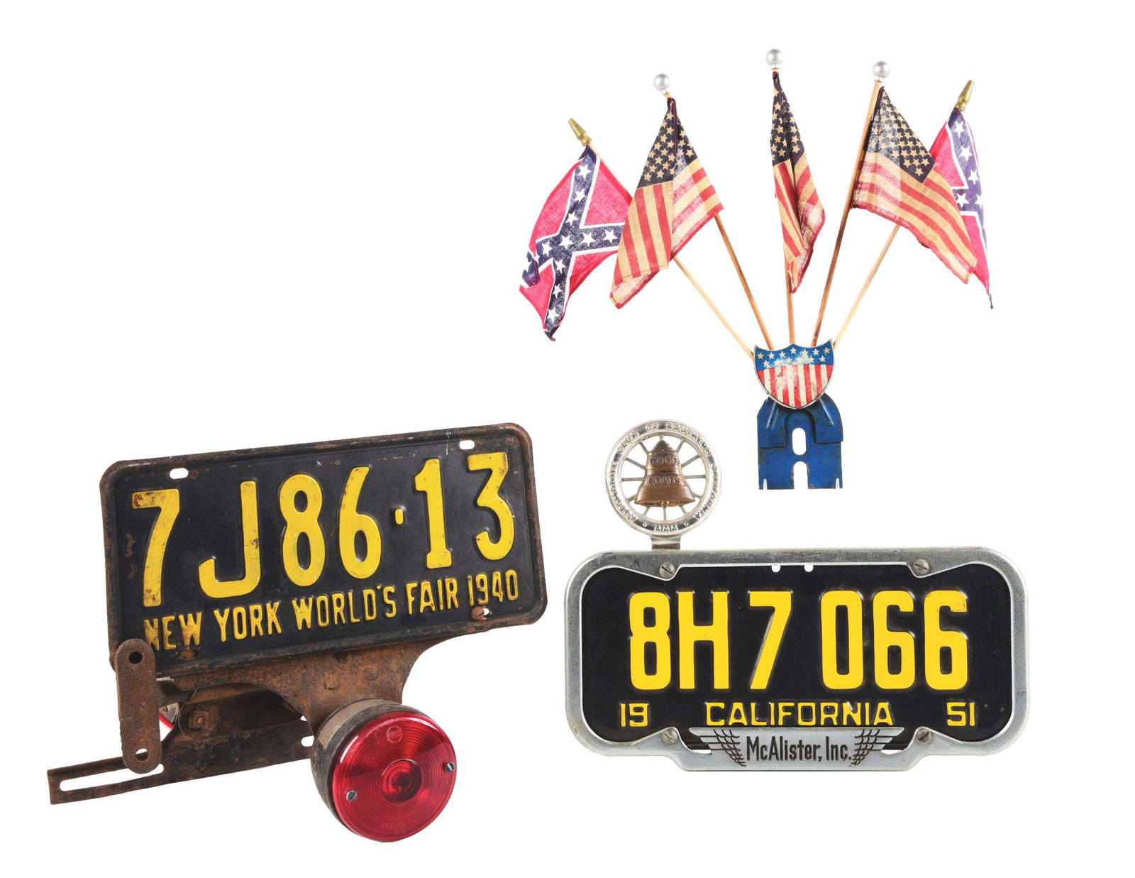 Collection Of 3 License Plates & Flags Licence Plate Topper. Auction