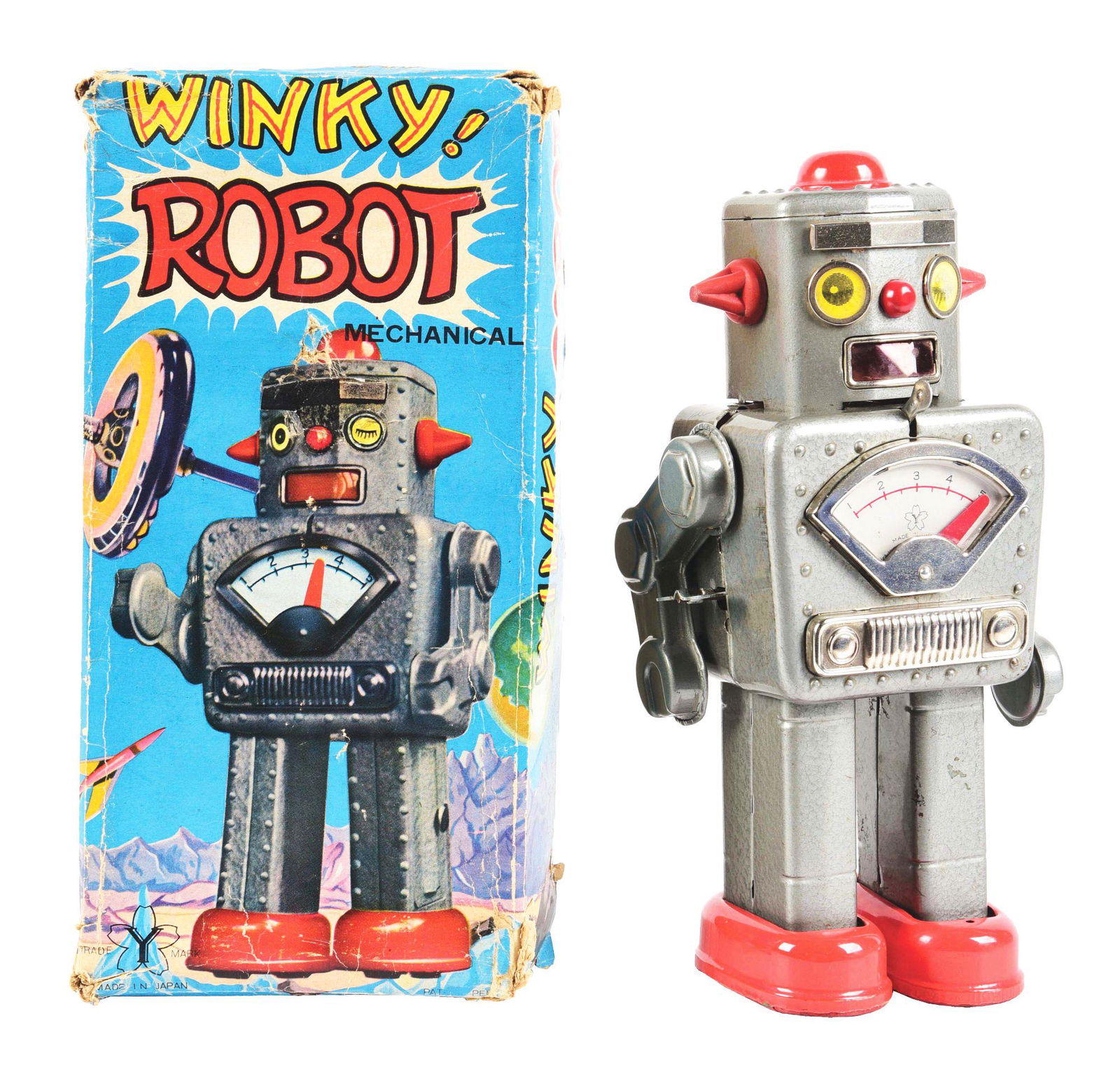 Japanese Tin Litho Wind-up Yonezawa Winky! Robot In Original Box. Auction