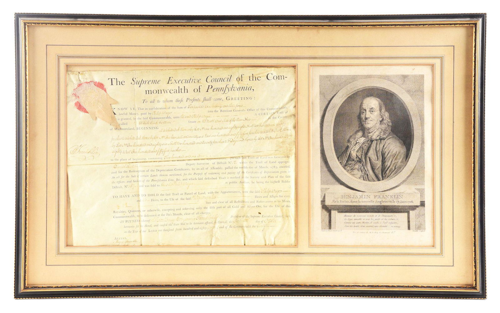 Framed Benjamin Franklin Signed Document. Auction