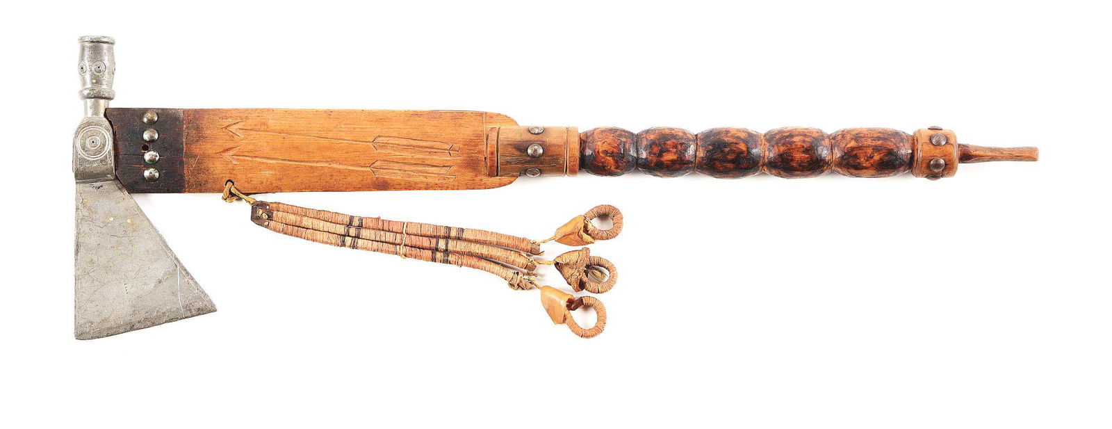Native American Pewter Pipe Head Tomahawk W/ Carved Stem. Auction