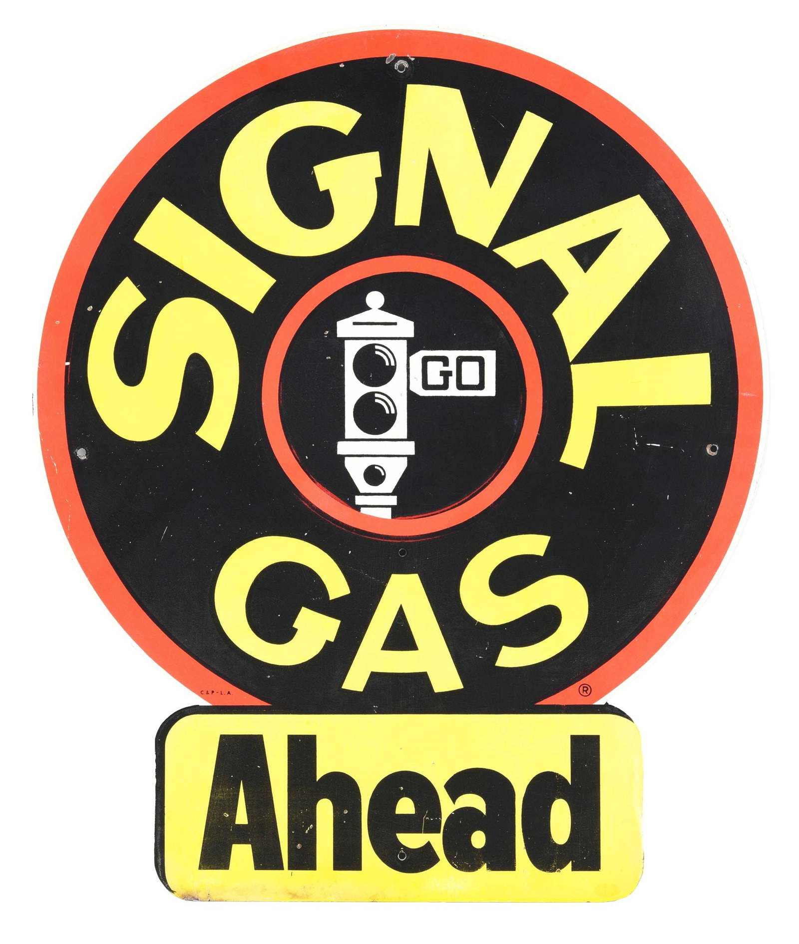 Rare Signal Gas Ahead Tin Keyhole Sign W/ Stoplight Graphic. Auction