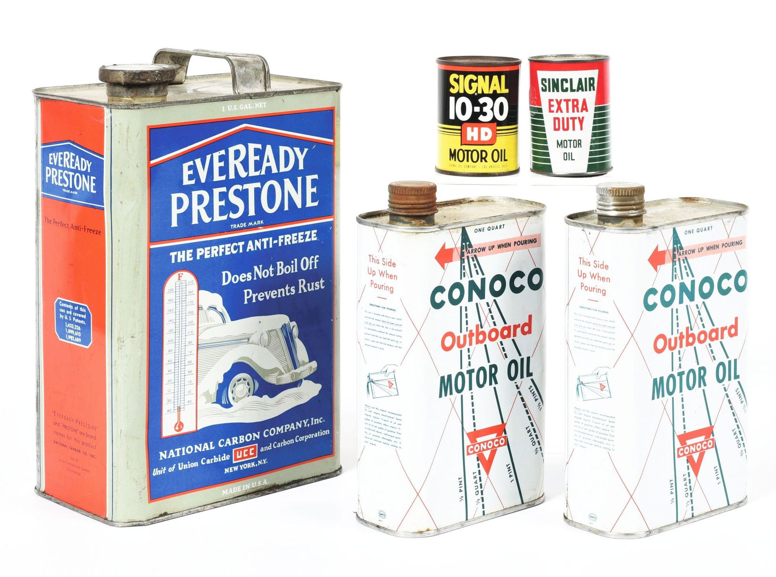Collection Of 5: Motor Oil, Antifreeze, & Coin Bank Cans From Signal, Sinclair & Conoco. Auction